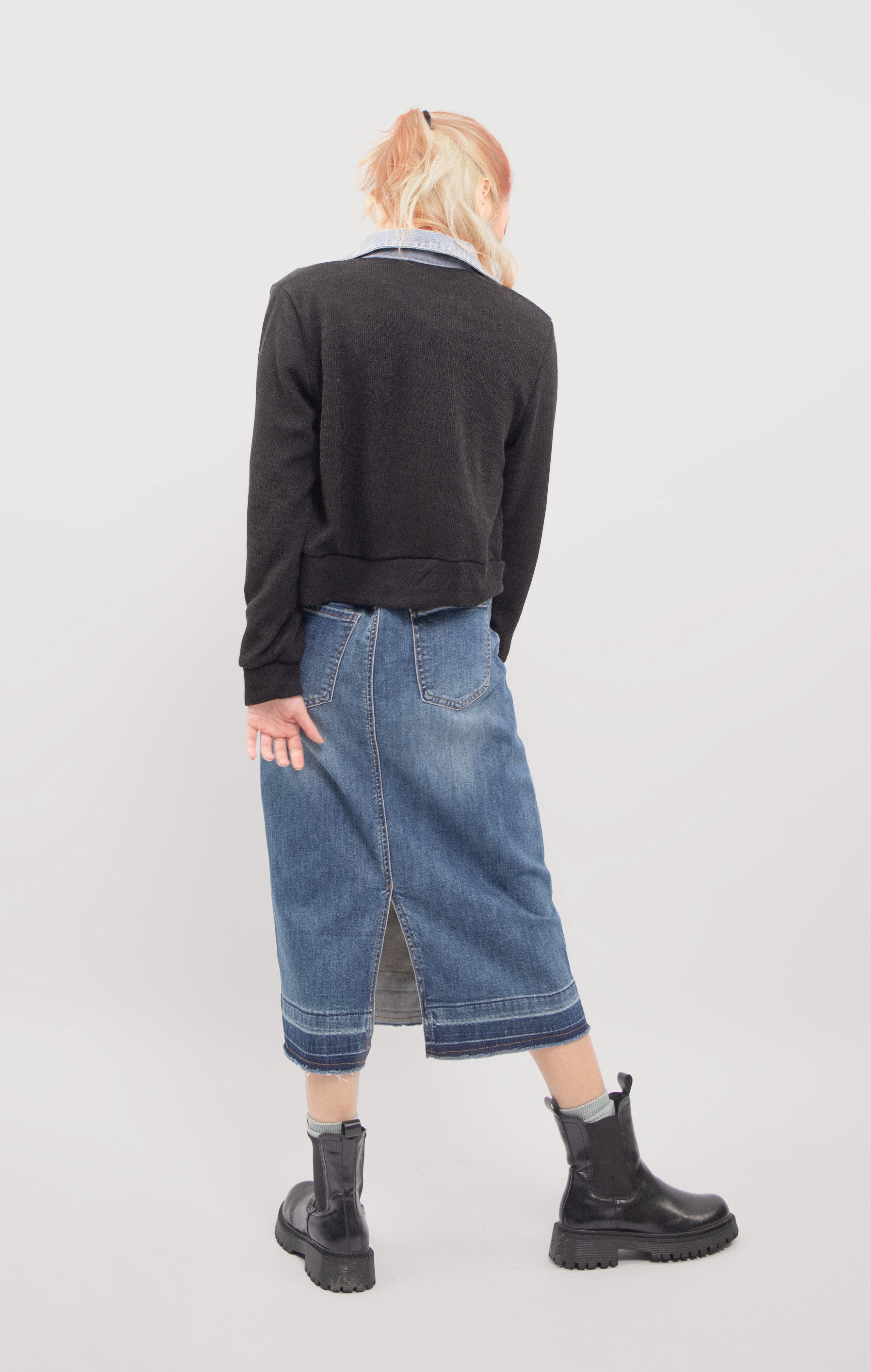 maple - 牛仔拼布型格外套 - 874614